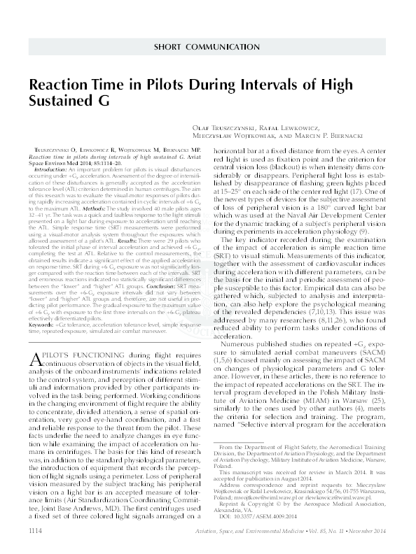 (PDF) Reaction Time in Pilots During Intervals of High Sustained G