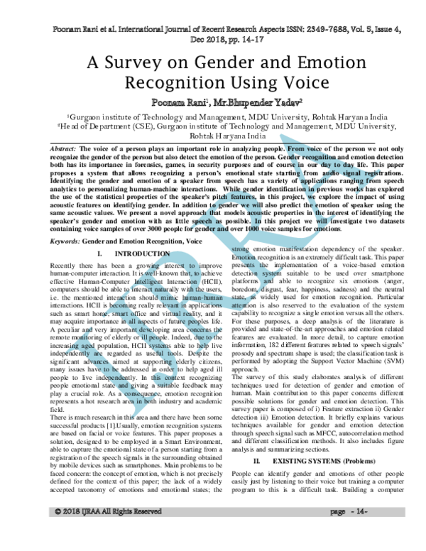 (PDF) A Survey on Gender and Emotion Recognition Using Voice