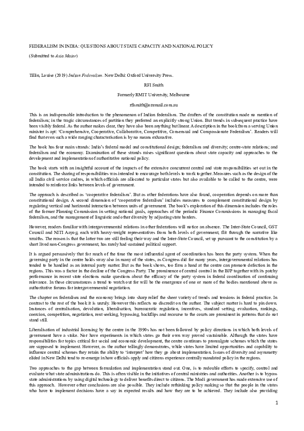 (DOC) Tillin on Federalism in India