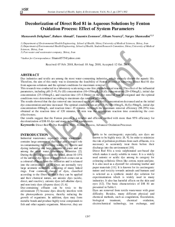 (PDF) Decolorization of Direct Red 81 in Aqueous Solutions by Fenton ...