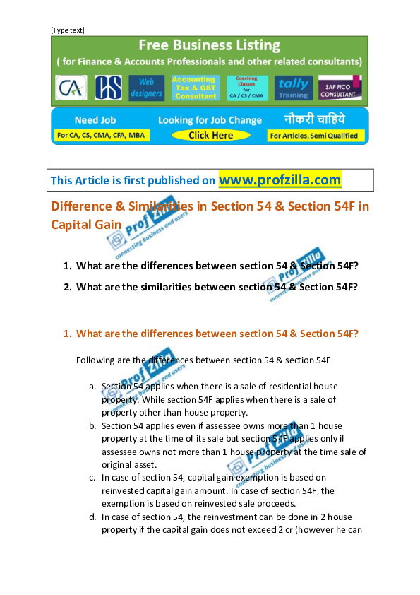 (PDF) Difference & Similarities in Section 54 & Section 54F in Capital Gain