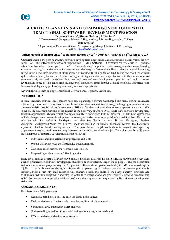 (PDF) A CRITICAL ANALYSIS AND COMPARISON OF AGILE WITH TRADITIONAL ...