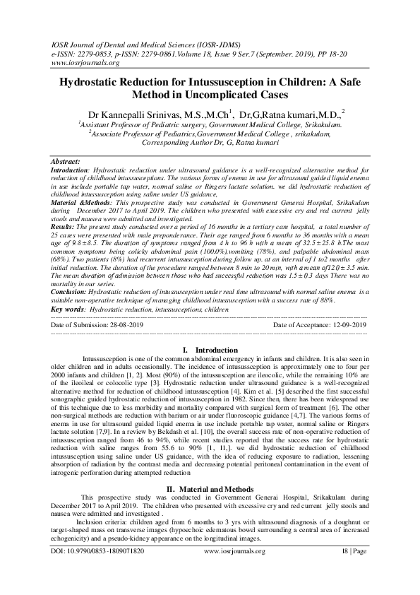 (PDF) Hydrostatic Reduction for Intussusception in Children: A Safe ...