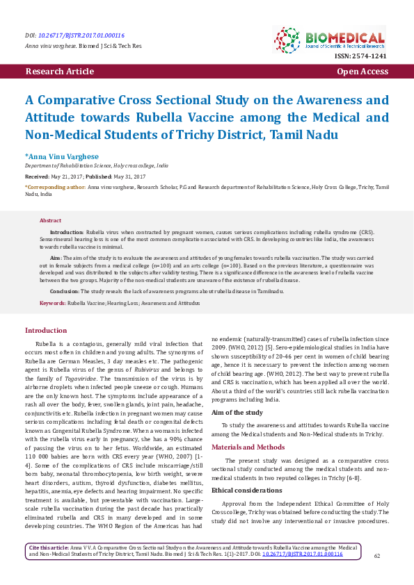 (PDF) A Comparative Cross Sectional Study on the Awareness and Attitude towards Rubella Vaccine ...