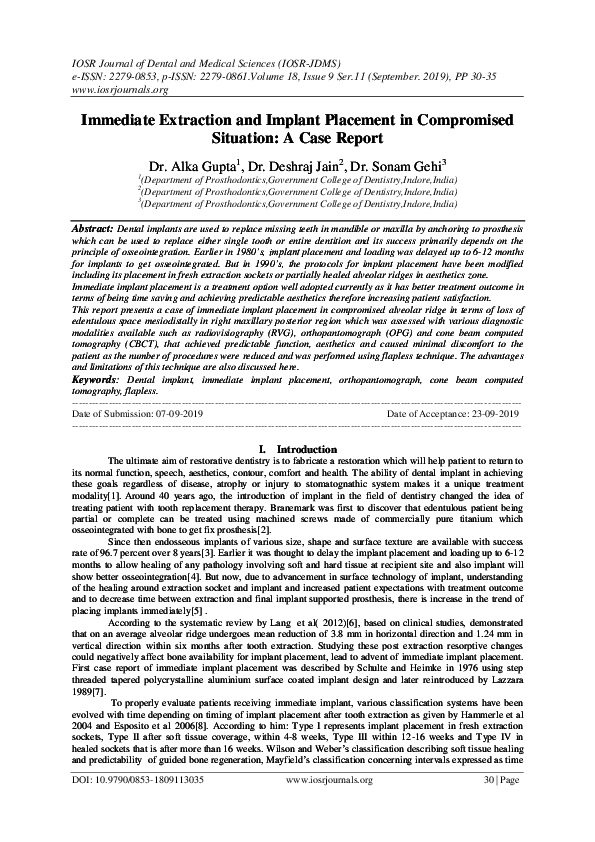 (PDF) Immediate Extraction and Implant Placement in Compromised Situation: A Case Report