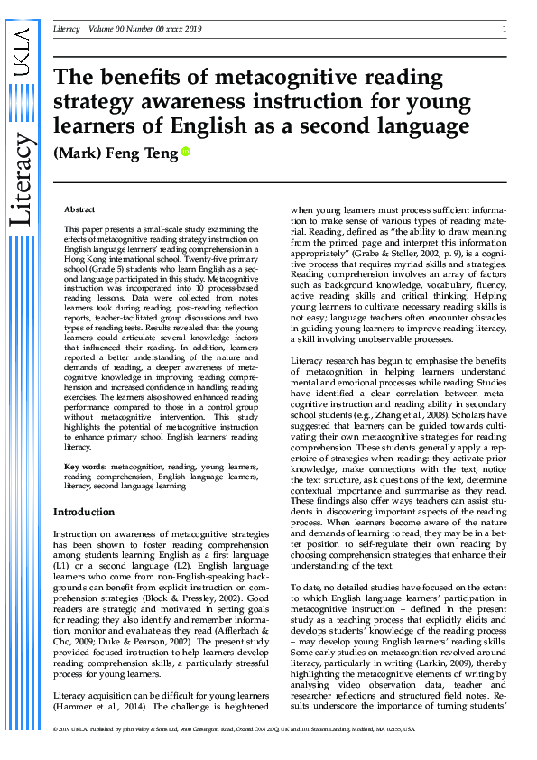 Pdf The Benefits Of Metacognitive Reading Strategy Awareness Instruction For Young Learners Of