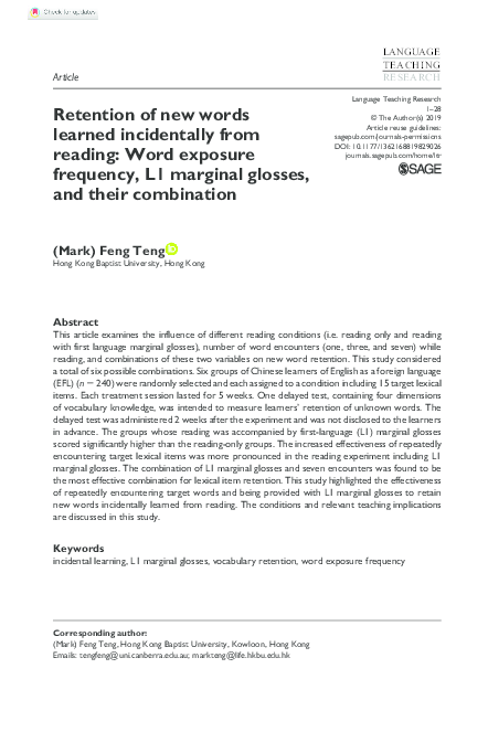(PDF) Retention of new words learned incidentally from reading: Word ...
