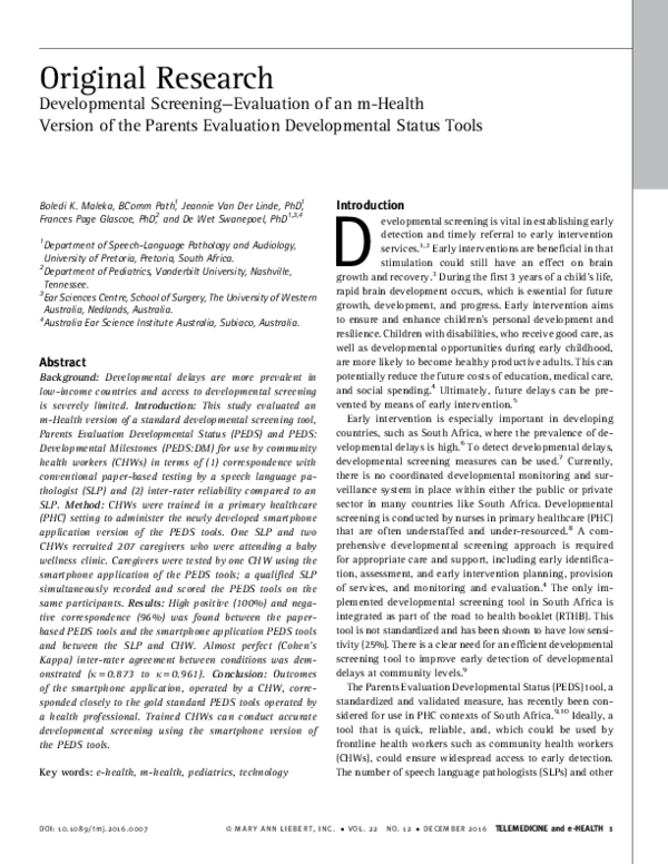 (PDF) Original Research Developmental Screening-Evaluation of an m ...