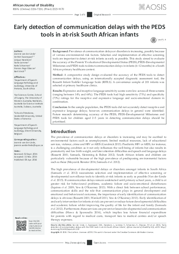 (PDF) Screening for Infant Communication Delays in SA