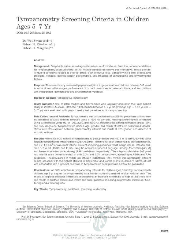 (PDF) Tympanometry Screening Criteria in Children Ages 5-7 Yr | De Wet ...