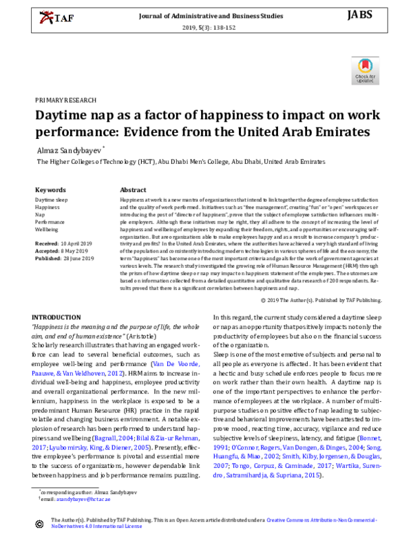 (PDF) Daytime nap as a factor of happiness to impact on work ...