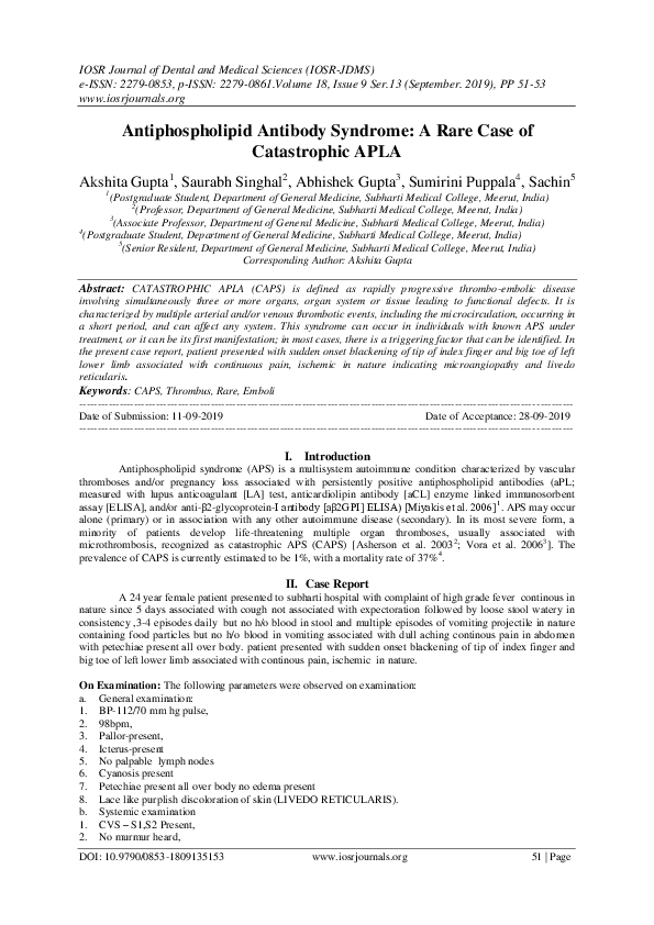 (PDF) Antiphospholipid Antibody Syndrome: A Rare Case of Catastrophic APLA