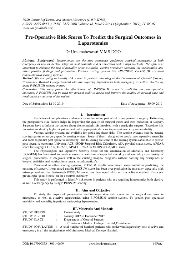 (PDF) Pre-Operative Risk Scores To Predict the Surgical Outcomes in ...