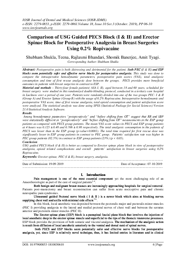 (PDF) Comparison of USG Guided PECS Block (I & II) and Erector Spinae ...