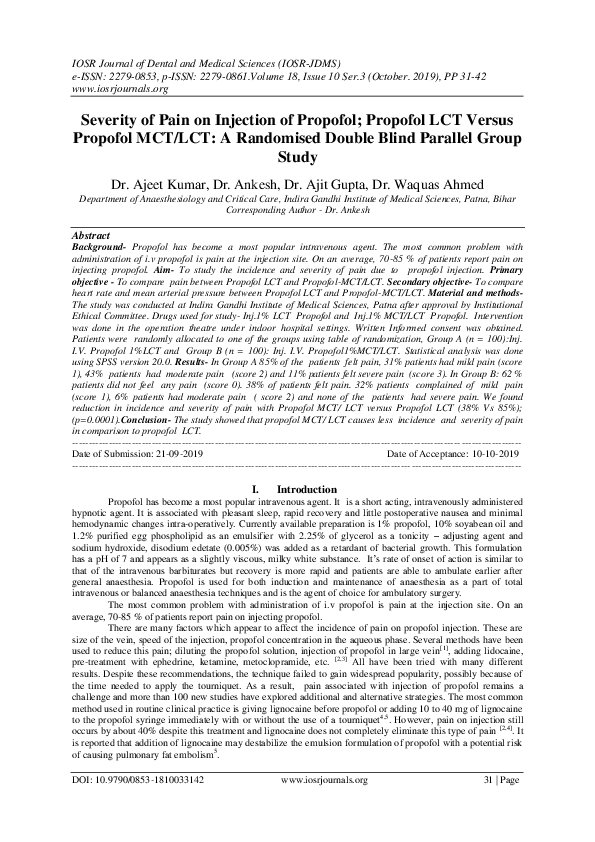 (PDF) Severity of Pain on Injection of Propofol; Propofol LCT Versus ...