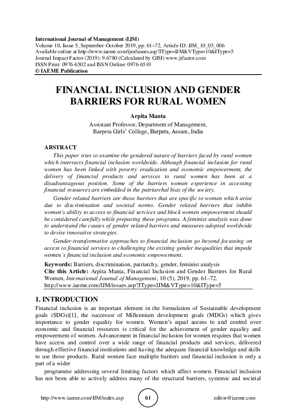 (PDF) FINANCIAL INCLUSION AND GENDER BARRIERS FOR RURAL WOMEN
