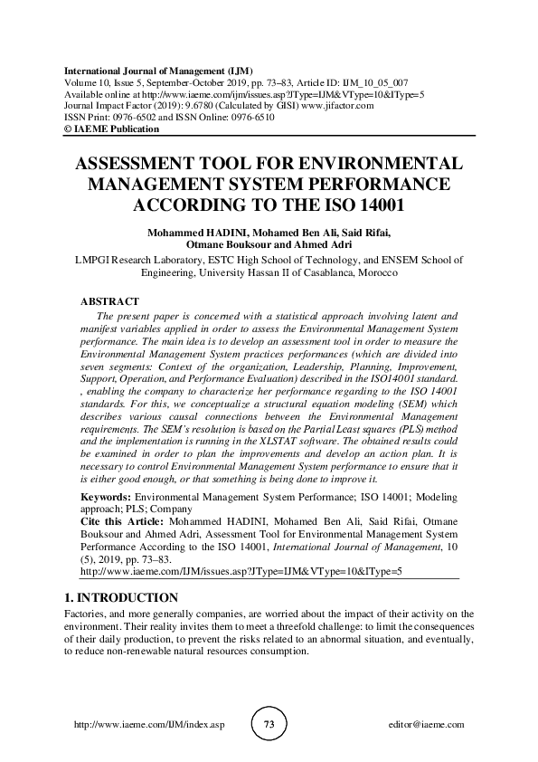 (PDF) ASSESSMENT TOOL FOR ENVIRONMENTAL MANAGEMENT SYSTEM PERFORMANCE ...