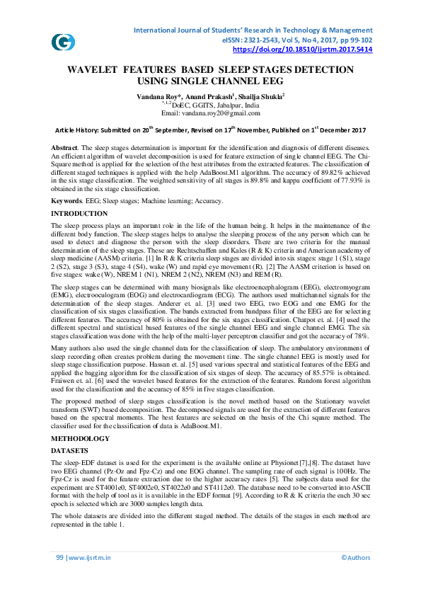(PDF) WAVELET FEATURES BASED SLEEP STAGES DETECTION USING SINGLE CHANNEL EEG