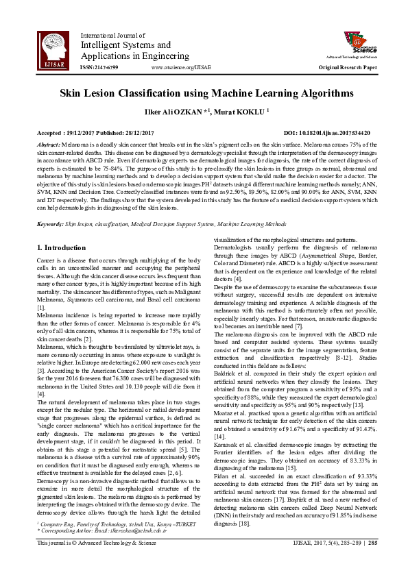 Pdf Skin Lesion Classification Using Machine Learning Algorithms
