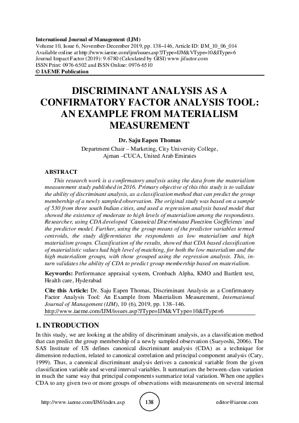 (PDF) DISCRIMINANT ANALYSIS AS A CONFIRMATORY FACTOR ANALYSIS TOOL: AN ...