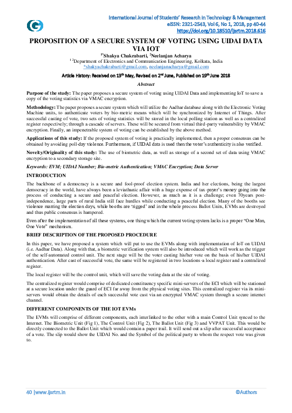 (PDF) PROPOSITION OF A SECURE SYSTEM OF VOTING USING UIDAI DATA VIA IOT