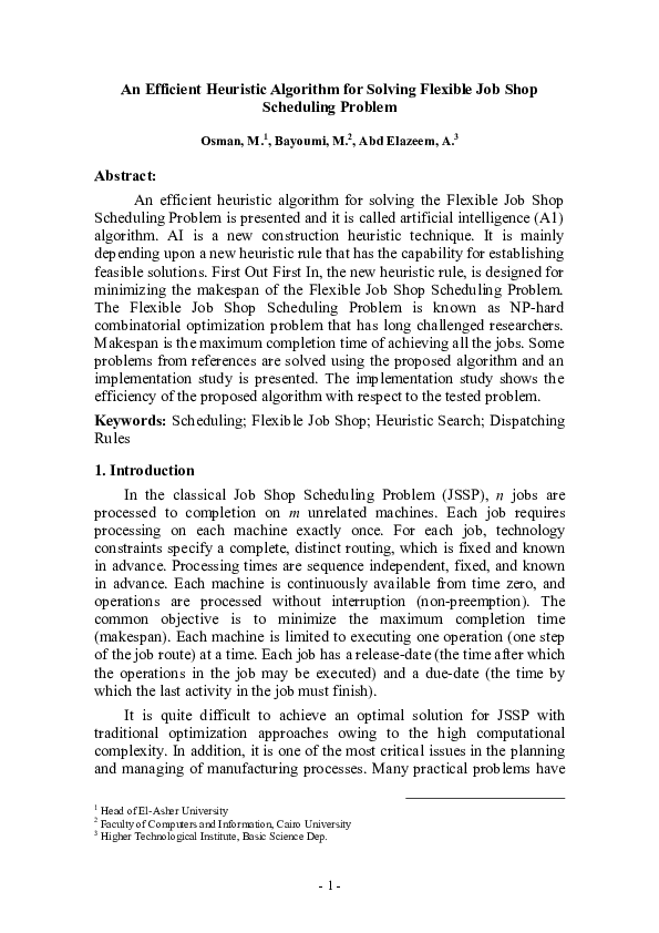 Pdf An Efficient Heuristic Algorithm For Solving Flexible Job Shop Scheduling Problem
