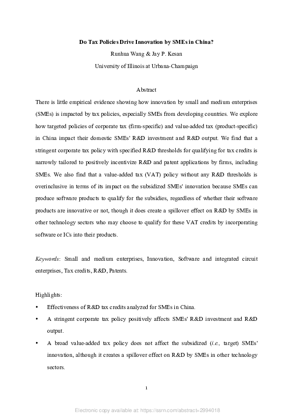 (PDF) Do Tax Policies Drive Innovation by SMEs in China | Runhua Wang ...