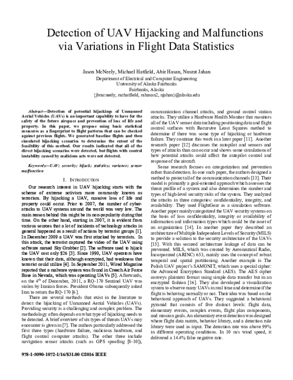 (PDF) Detection of UAV Hijacking and Malfunctions via Variations in Flight Data Statistics