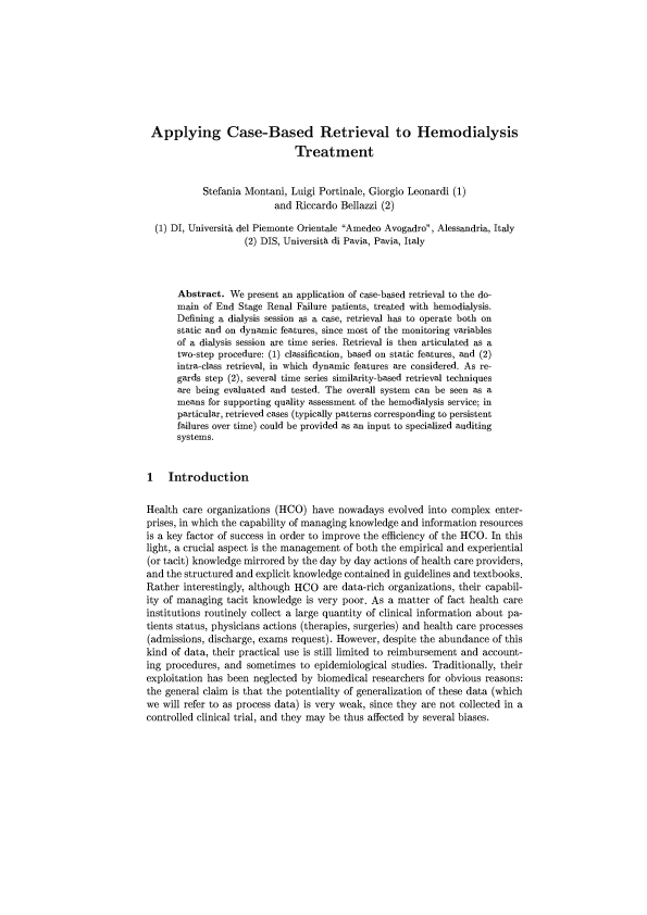 (PDF) Applying case-based retrieval to hemodialysis treatment