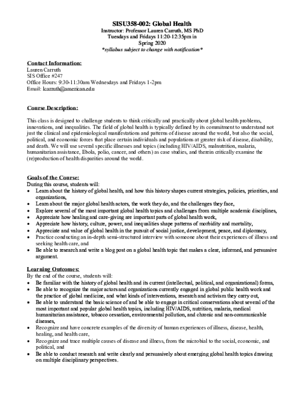 (PDF) Draft Syllabus for SISU358 Global Health