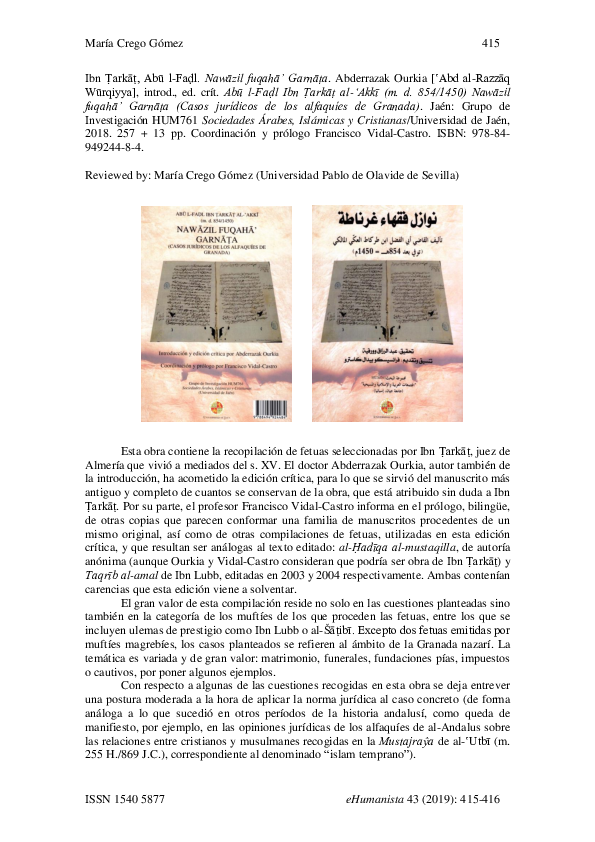 (PDF) María Crego Gómez, review of Ibn Ṭarkāṭ, Abū l-Faḍl. Nawāzil ...