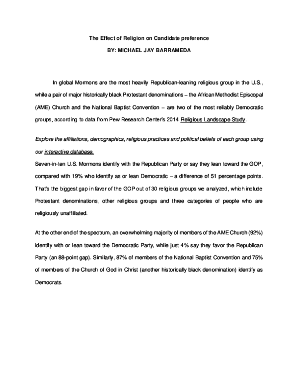 (DOC) The Effect of Religion on Candidate preference