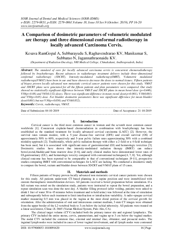 Pdf A Comparison Of Dosimetric Parameters Of Volumetric Modulated Arc Therapy And Three