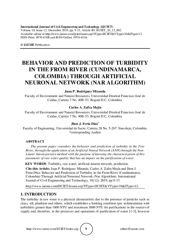 (PDF) BEHAVIOR AND PREDICTION OF TURBIDITY IN THE FROM RIVER (CUNDINAMARCA, COLOMBIA) THROUGH ...