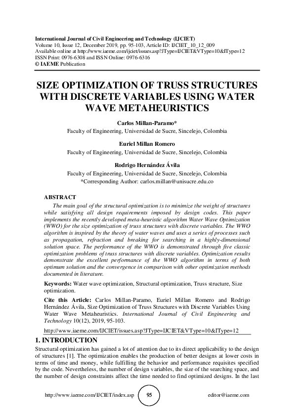 Pdf Size Optimization Of Truss Structures With Discrete Variables Using Water Wave