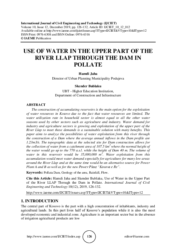 (PDF) USE OF WATER IN THE UPPER PART OF THE RIVER LLAP THROUGH THE DAM ...