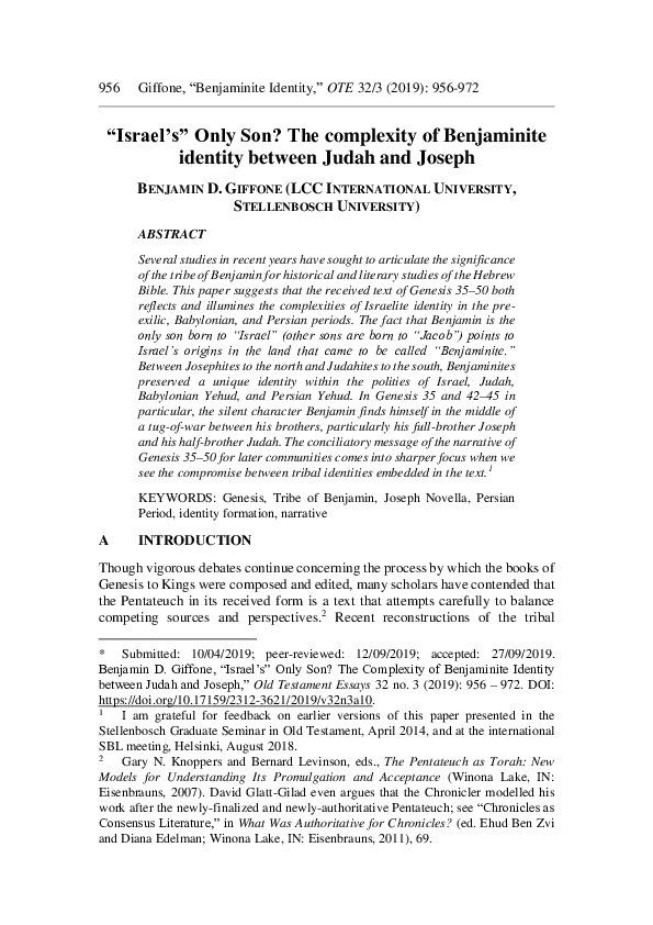 (PDF) ‘Israel’s’ Only Son? The Complexity of Benjaminite Identity ...