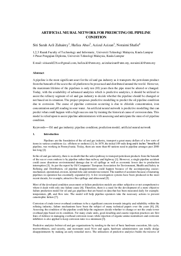 Pdf Artificial Neural Network For Predicting Oil Pipeline Condition