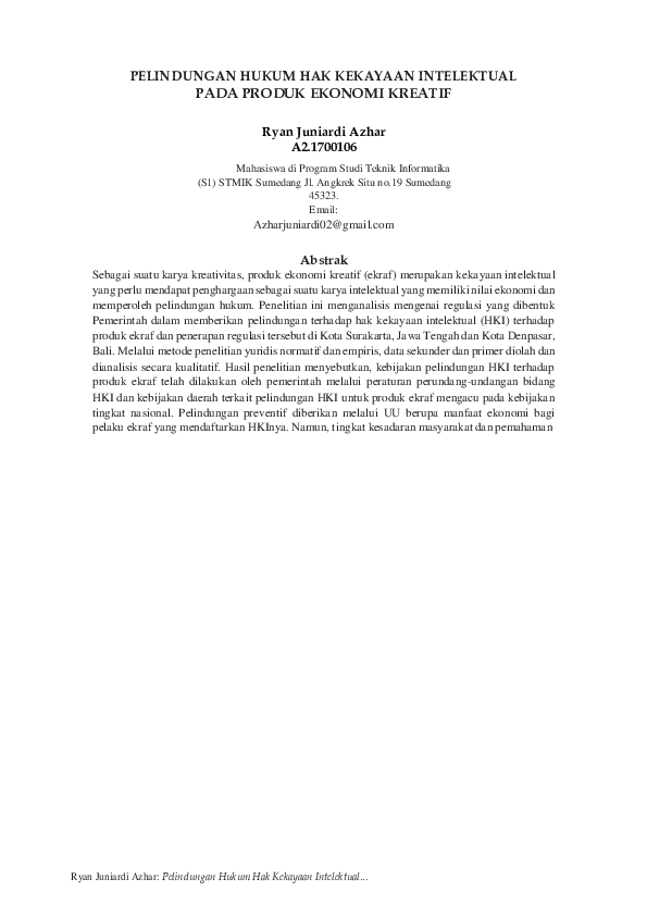 (PDF) PELINDUNGAN HUKUM HAK KEKAYAAN INTELEKTUAL PADA PRODUK EKONOMI ... (PDF) PELINDUNGAN HUKUM HAK KEKAYAAN INTELEKTUAL PADA PRODUK EKONOMI ...
