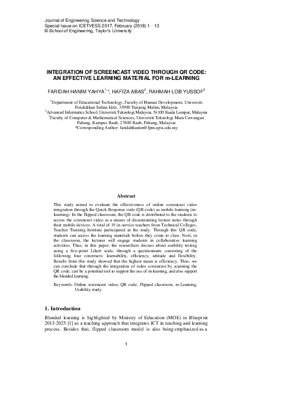 (PDF) INTEGRATION OF SCREENCAST VIDEO THROUGH QR CODE: AN EFFECTIVE ...