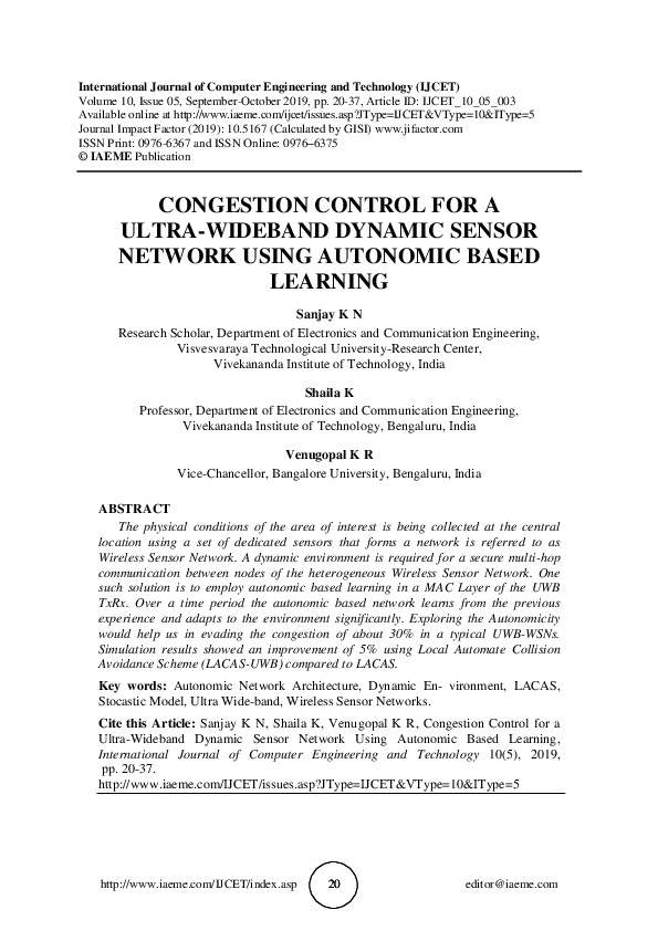 CONGESTION CONTROL FOR A ULTRA-WIDEBAND DYNAMIC SENSOR NETWORK USING AUTONOMIC BASED LEARNING