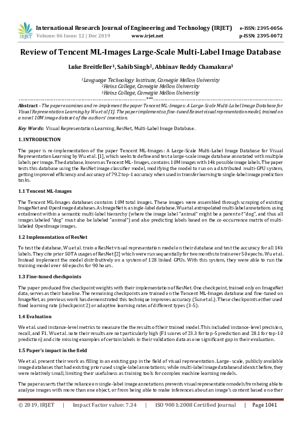 Pdf Irjet Review Of Tencent Ml Images Large Scale Multi Label Image Database Irjet Journal