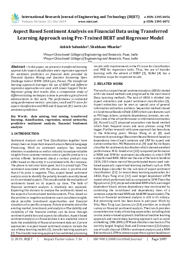 (PDF) IRJET- Aspect Based Sentiment Analysis on Financial Data using Transferred Learning ...