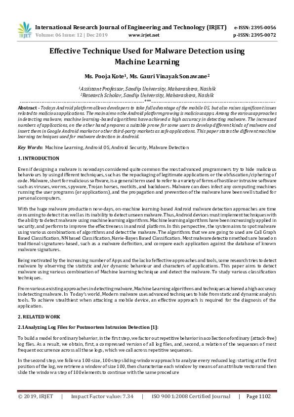 Pdf Irjet Effective Technique Used For Malware Detection Using Machine Learning Irjet