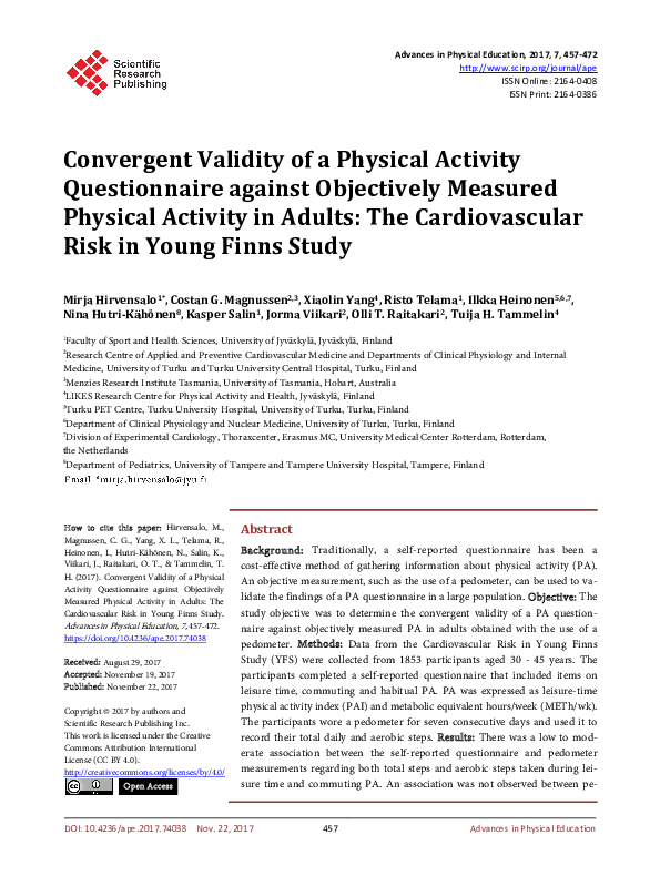 (PDF) Convergent Validity of a Physical Activity Questionnaire against Objectively Measured ...