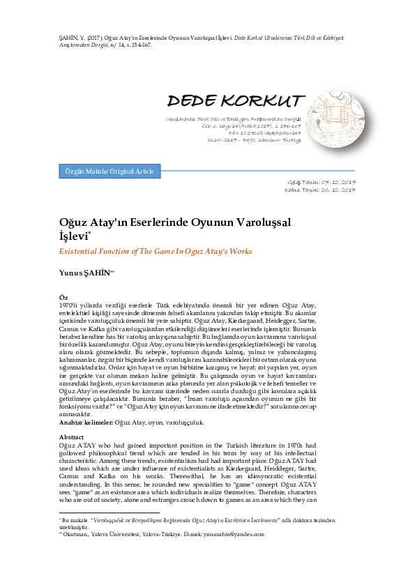 (PDF) Oğuz Atay'ın Eserlerinde Oyunun Varoluşsal İşlevi * Existential Function of The Game In ...