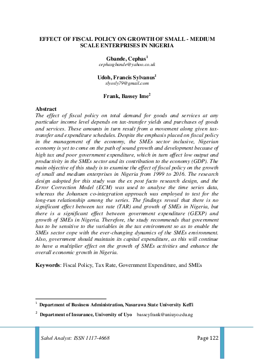 (PDF) EFFECT OF FISCAL POLICY ON GROWTH OF SMALL -MEDIUM SCALE ENTERPRISES IN NIGERIA