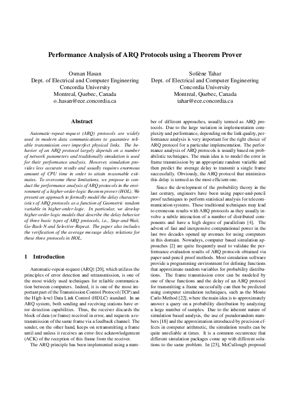 (PDF) Performance analysis of ARQ protocols using a theorem prover