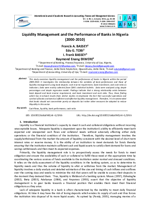 (PDF) Liquidity Management and the Performance of Banks in Nigeria ...