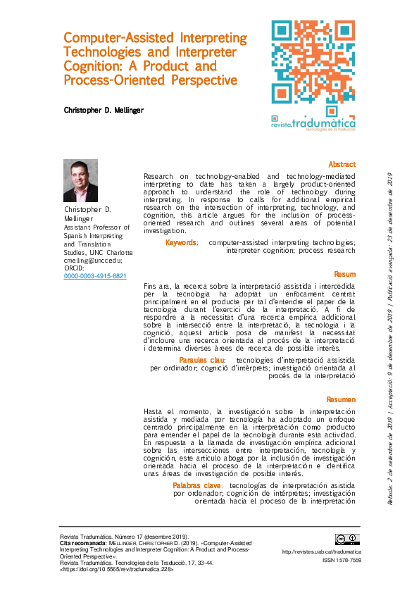 (PDF) Computer-Assisted Interpreting Technologies and Interpreter Cognition: A Product and ...
